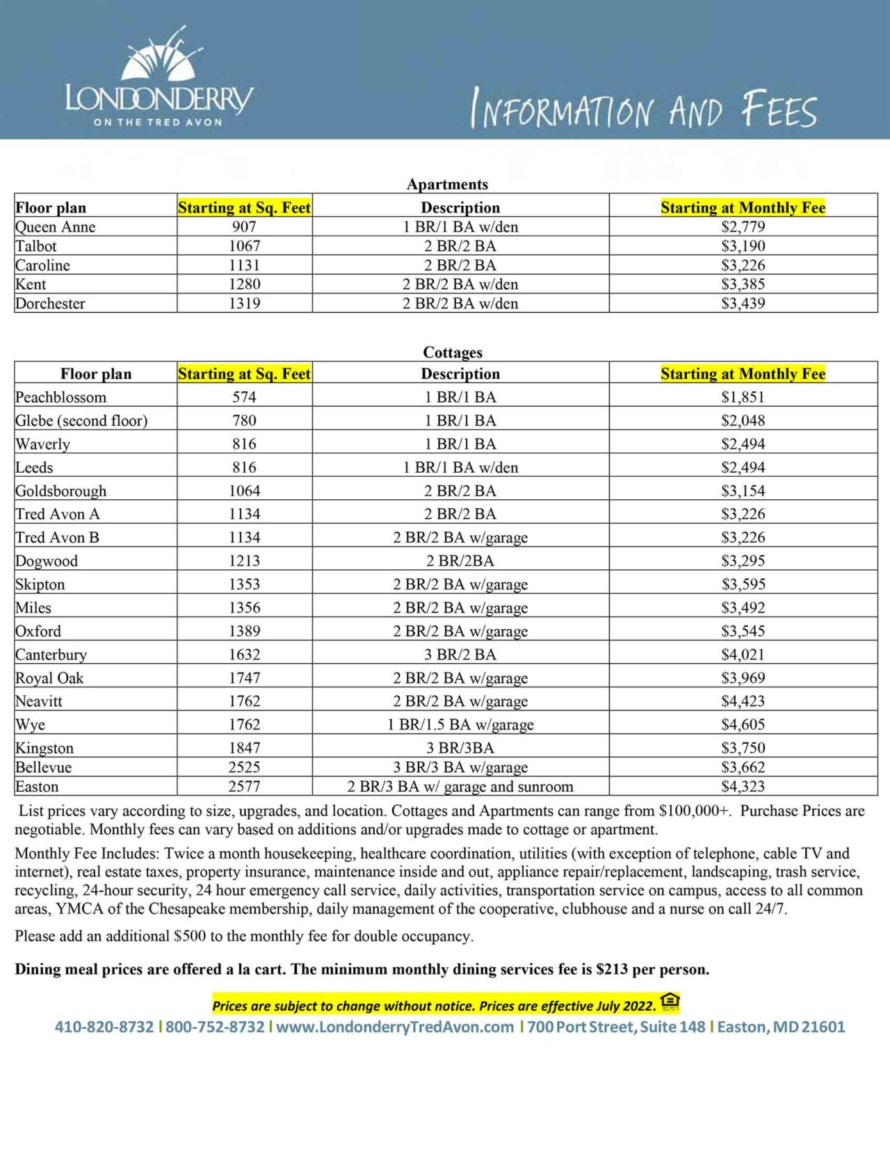 Information & Fees - Londonderry on the Tred Avon | Easton, Maryland